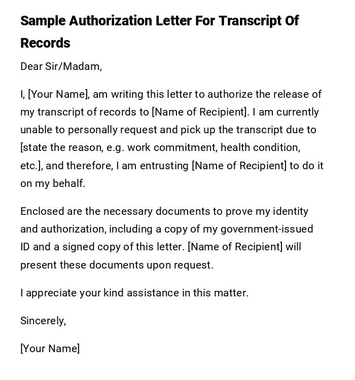 Authorization Letter For Transcript Of Records Authorization Letter For Transcript Of Records