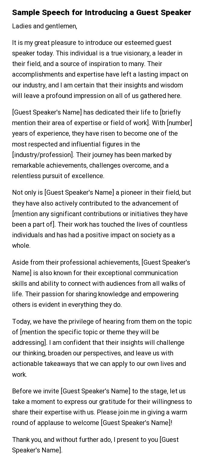 Sample Speech for Introducing a Guest Speaker Sample Speech for Introducing a Guest Speaker
